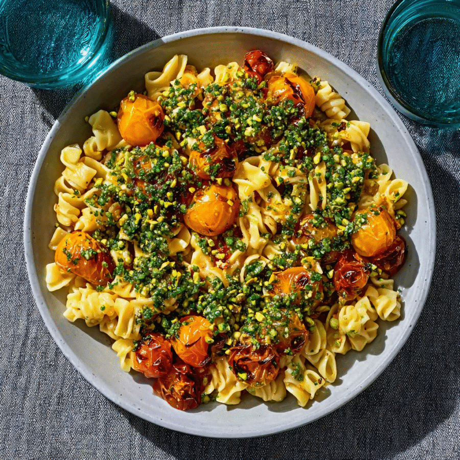 Sun-Gold Tomato Pasta with Pistachio Gremolata delights your taste buds!