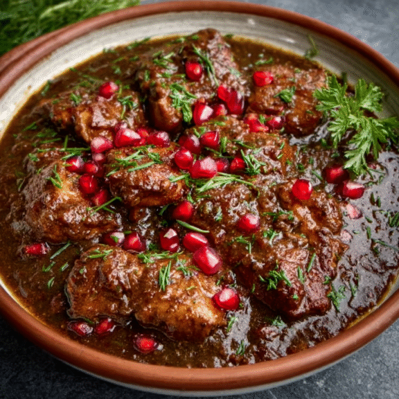 Persian-Style Pomegranate Chicken Stew (Fesenjan) recipe awaits!